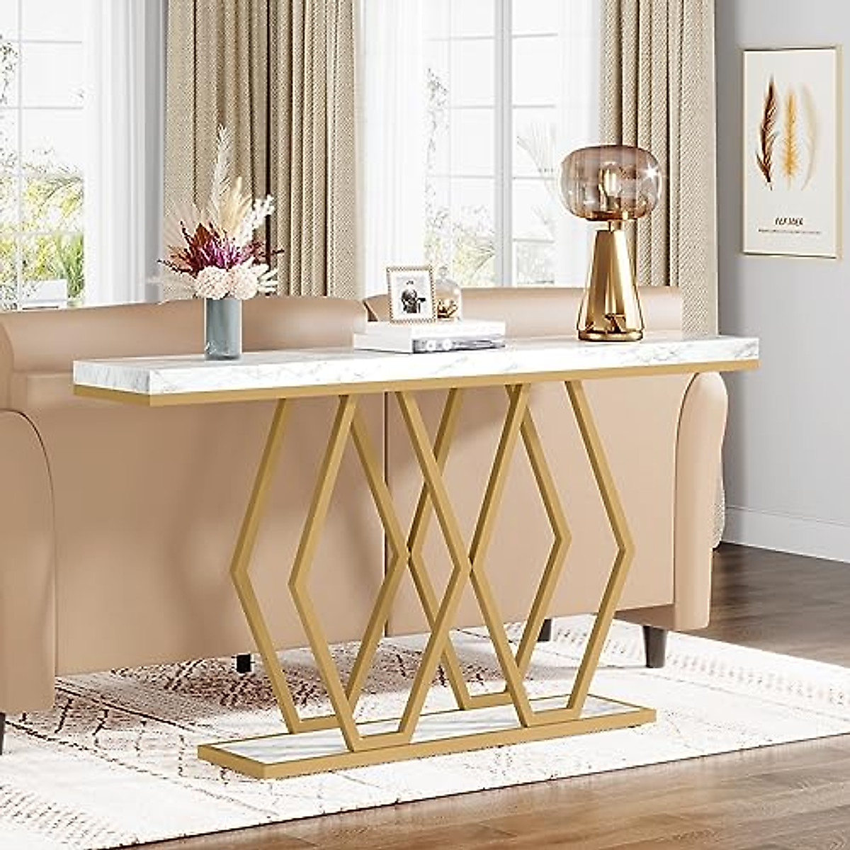 Tribesigns Console Table for Entryway Living Room, 55 Inch Gold Entryway Table Modern Accent Table for Hallway Entrance Foyer (Gold White)