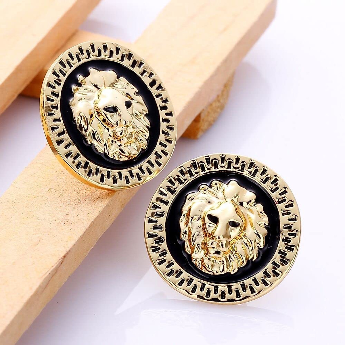 Yellow Gold Plated Black Round Earrings Stud Push Back Lion 1" L319