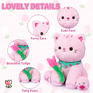 LSYDCARM Pink Cat Plush, 8Inch Cute Pink Cat Stuffed Animal with Tulips, Soft Cat Plushie Stuffed Cat Doll Birthday for Girls Mom, Kawaii Home Decor