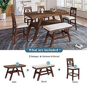 KLMM Modern Rustic 6 Piece Solid Wood Table Top Height Dining Set with Storage Shelf, Kitchen Table Set with Bench and 4 Chairs (Walnut#L-)