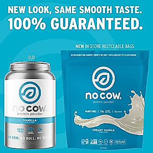 No Cow Vegan Protein Powder, Vanilla, 21g Plant Based Protein, Recyclable Bag, Dairy Free, Soy Free, No Sugar Added, Keto Friendly, Gluten Free, Naturally Sweetened, Non GMO, Kosher, 1.74 Pound