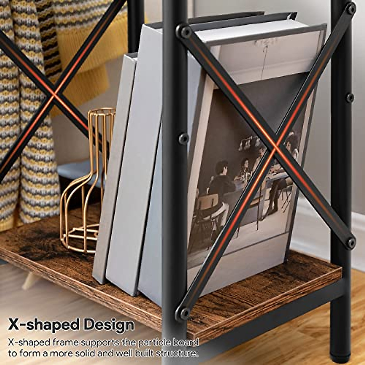 ALLOSWELL Side Table, Nightstand, End Table with Storage Shelf, Tall Bedside Table with X-Shaped Design, for Living Room, Bedroom, Stable Steel Frame, Easy Assembly, Rustic Brown ETHR3801