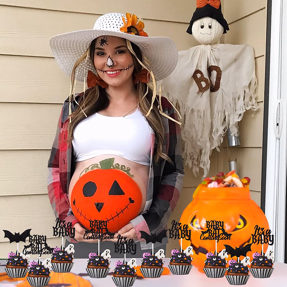 kreat4joy Halloween Gothic Baby Shower Decorations Cupcake Toppers, 36pcs Bat Baby Shower Decorations Baby Bat Coming Soon It's a Baby Cupcake Toppers for Bat Theme Halloween Baby Shower