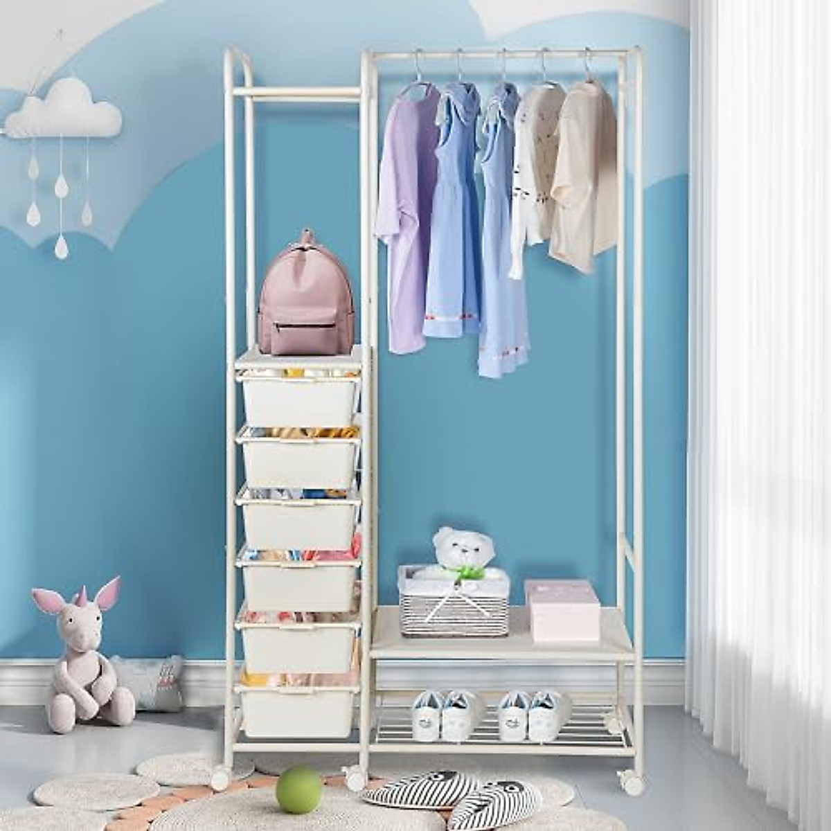 PACHIRA E-Commerce Rolling Clothes Rack for Hanging Clothes 6 Drawers, White Clothing Racks on Wheels Freestanding Clothing Garment Rack 37" W x 14.5" D x 66" H
