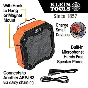 Klein Tools AEPJS3 Bluetooth Jobsite Speaker With Magnet and Hook, 20-Hr Run Time, Charge Devices Via USB A or C Ports, Daisy Chain for Pairing, Hands Free Capable, IP54 Dust and Water Resistant