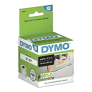 DYMO LW 1-Up File Folder Labels for LabelWriter Label Printers, White, 9/16'' x 3-7/16'', 2 Rolls of 130 (30327)