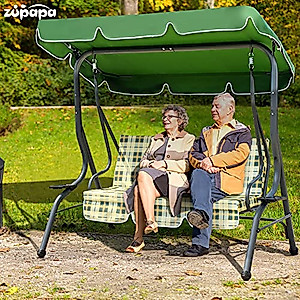 Zupapa Upgraded Outdoor Patio Swing Chair w/Thickened 3-Person Armrest Seat, Canopy Swing w/Adjustable Shading, Reinforced Powder-Coated Swing Sets for Backyard, Porch, Poolside, Balcony - Checked