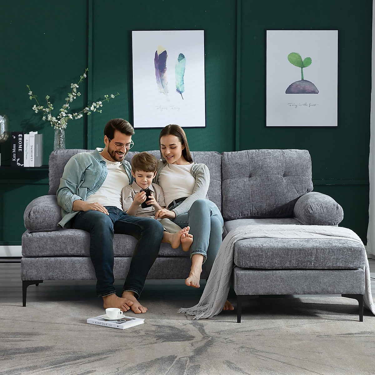 80 Inch Sectional Sofa, Modern Comfy Chenille L Shape Sofa with Chaise Lounge 3 Seat Sleep Sofa with Fluffy Armrests Deep Seat Sofa for Living Room Small Space Apartment(Grey)