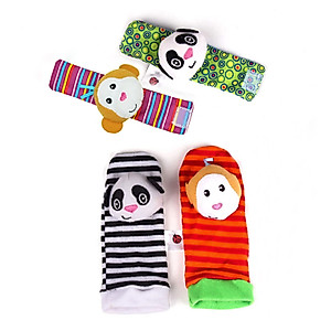 asUwish 4Pcs Baby Soft Rattle，Cute Soft Baby Socks Toys，Wrist Chew Toy，Baby Socks Toys Wrist Rattle and Foot Finder for Newborn Boy or Girl (Monkey and Panda)