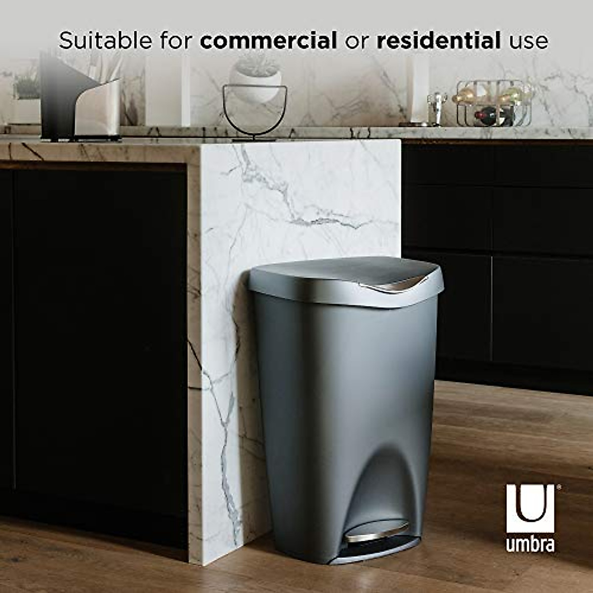 Umbra Brim Kitchen Trash Can 13 Gallon (50L) Waste Bin with Lid, Silver