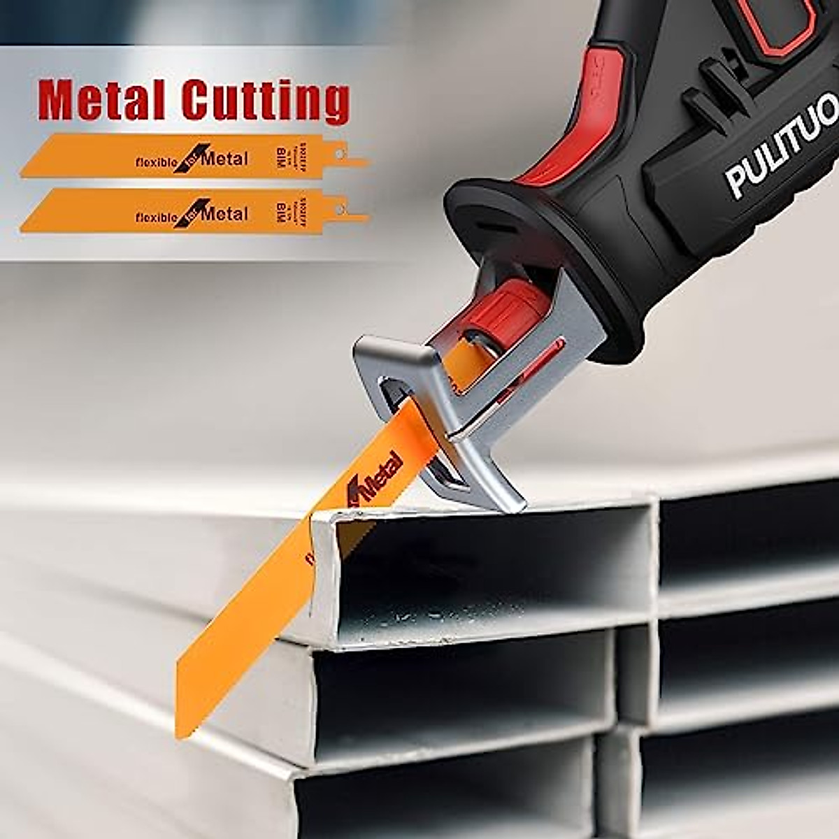 PULITUO Cordless Reciprocating Saw, Speed 3000SPM with Clamping Jaw, Including 2000 mAh/ 1-Hour Fast Charge,Safety Gloves& Goggles, 4Pcs of Saw Blades for Wood