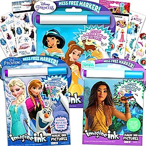 Classic Princess Magic Ink Coloring Super Set - 3 Books Featuring Disney Princesses, Frozen, and Raya The Last Dragon with Invisible Pens, Stickers