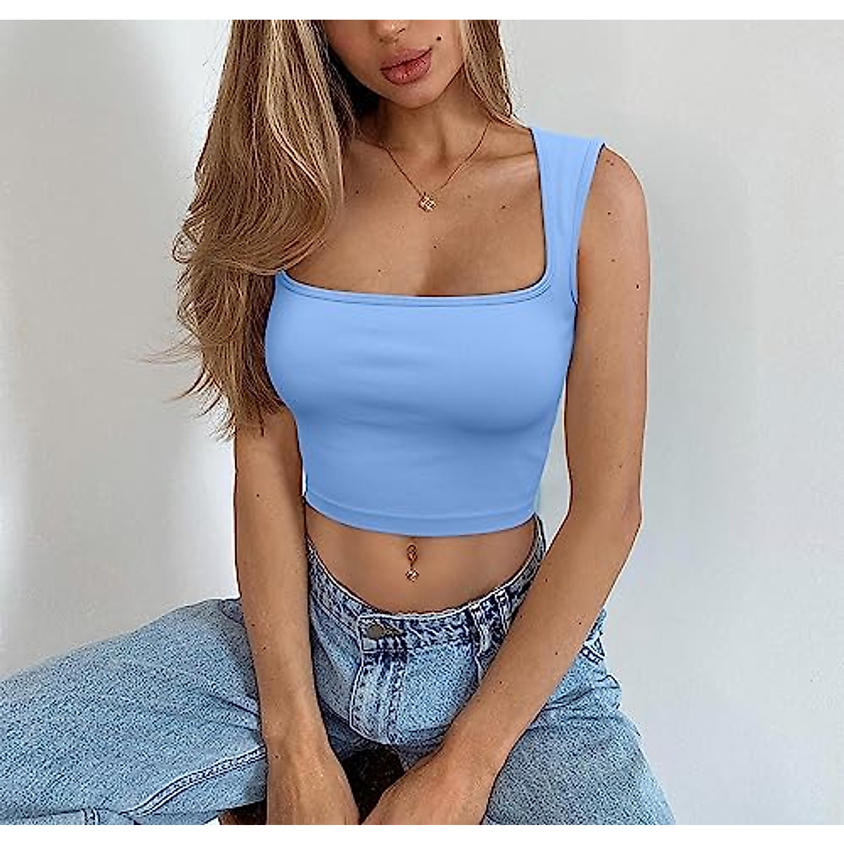 Meyeeka Cropped Tank Tops Going Out Crop Tops for Women Trendy Party Night Clubwear Della Robbia Blue M