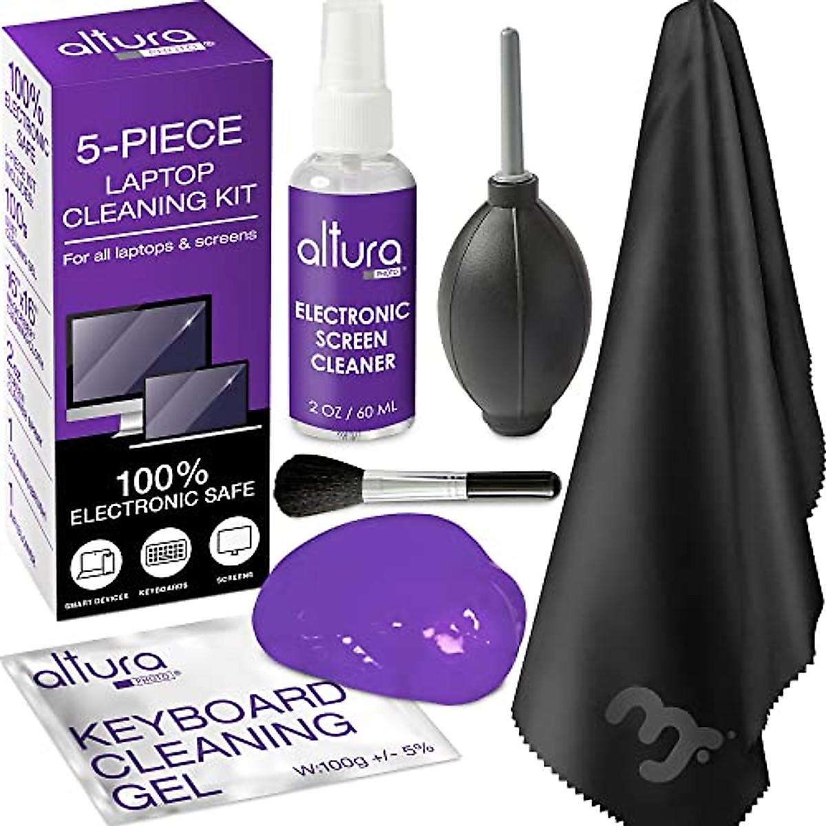 Laptop Cleaning Kit (5 pc) - Keyboard Cleaning Kit - Includes Laptop Screen Cleaner, Air Blower, Brush, Keyboard Gel, and Microfiber Cloth - PS4 Cleaner - Keyboard Cleaner & Computer Cleaner by Altura