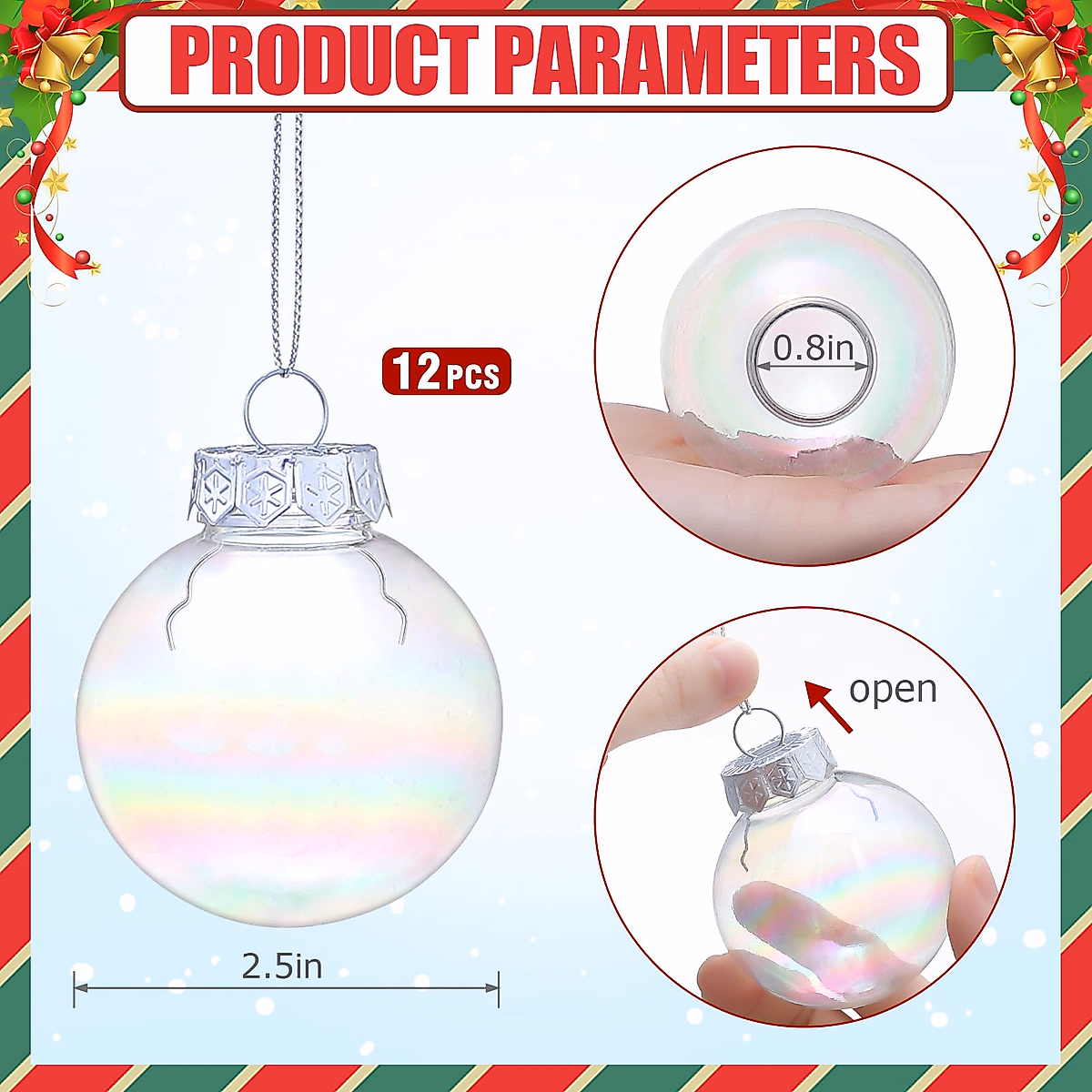 2.5 Inch Iridescent Ornaments Balls, 12Pcs Plastic Clear Christmas Balls Fill-able Mini Ornaments for Crafts Holiday Party Xmas Tree Decorations Home Decor