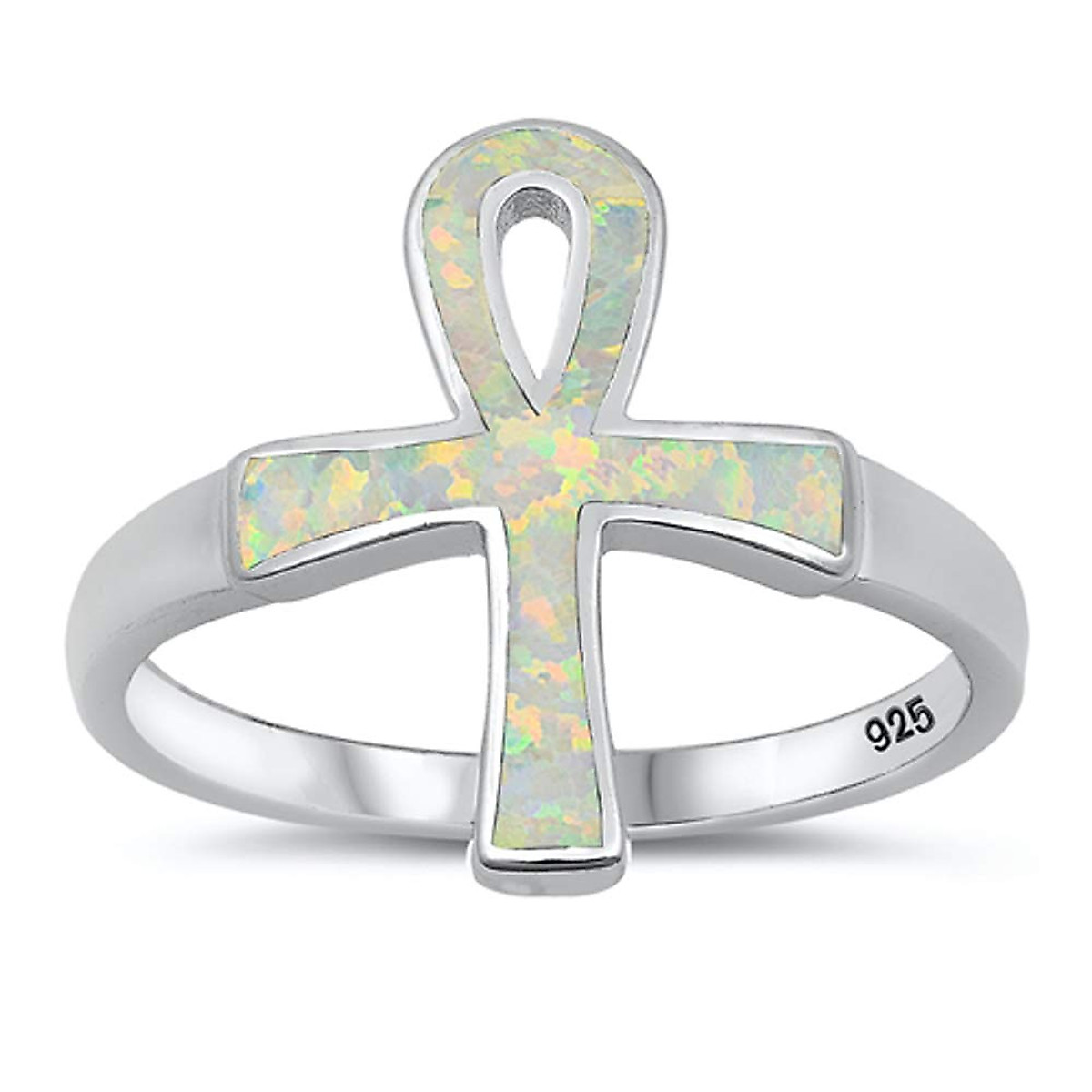 White Simulated Opal Ankh Wide Large Ring .925 Sterling Silver Band Size 6