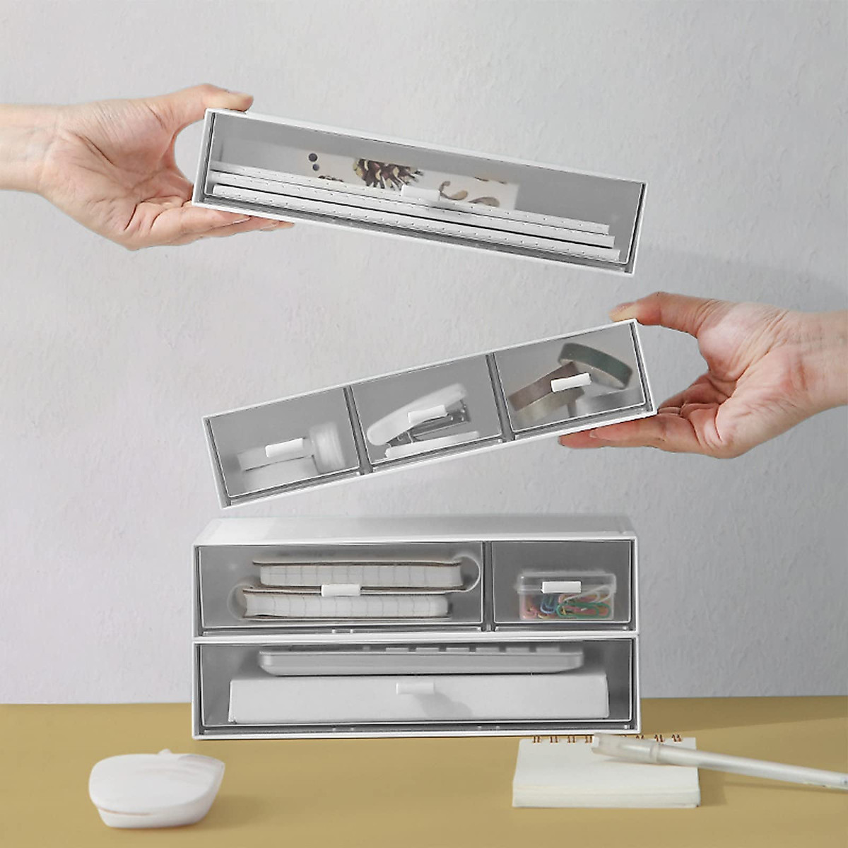 Desk Organizer-3 Tier Stackable Storage Drawers with 6 Compartments White Stackable Drawers Great for Desk Storage, Makeup Storage Bathroom Organization Accessories Etc (White)