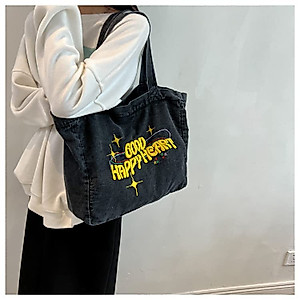 Retro Y2K Denim Shoulder Bag, Hobo Crossbody School Bag, Aesthetic Handbag Fairy Grunge Tote Bag (black)