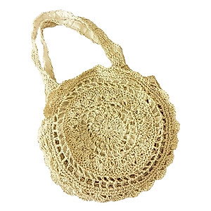 GK-O Lady Straw Tote Bags Round Handbag Crochet Wicker Rattan Boho Woven Beach Summer (Beige)