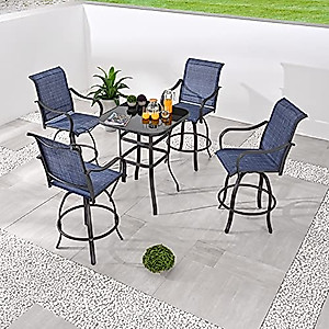 LOKATSE HOME 5 Piece Patio Dining Set Tesling Swivel Chairs with Glass Square Table Outdoor Furniture Bistro Rotating Stools for Poolside, Cafe, Porch, Chic Bar, Blue
