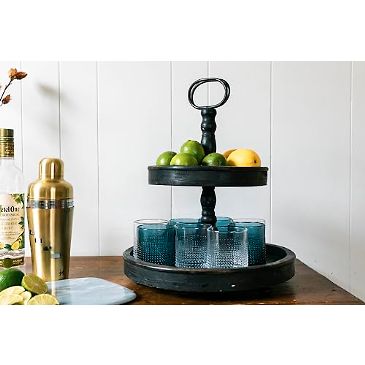 Creative Co-op EC0112 Distressed Wood 2-Tier Tray with Metal Handle, Black