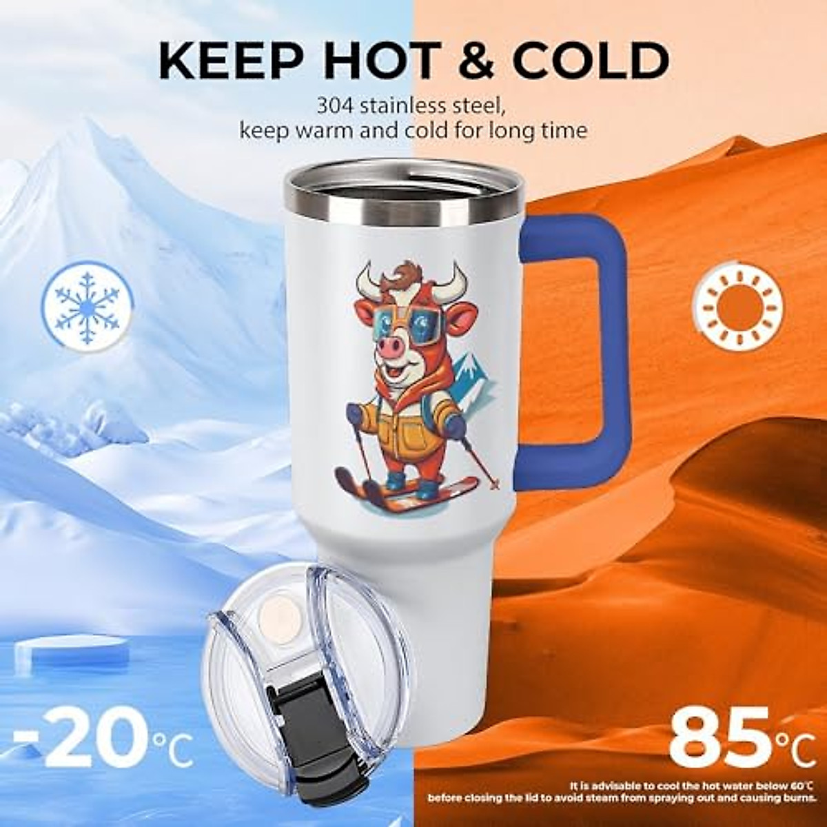 Ski Rider Cow Insulated Tumbler with Lid And Straw Stainless Steel Travel Coffee Mug 40oz Deep Blue-style