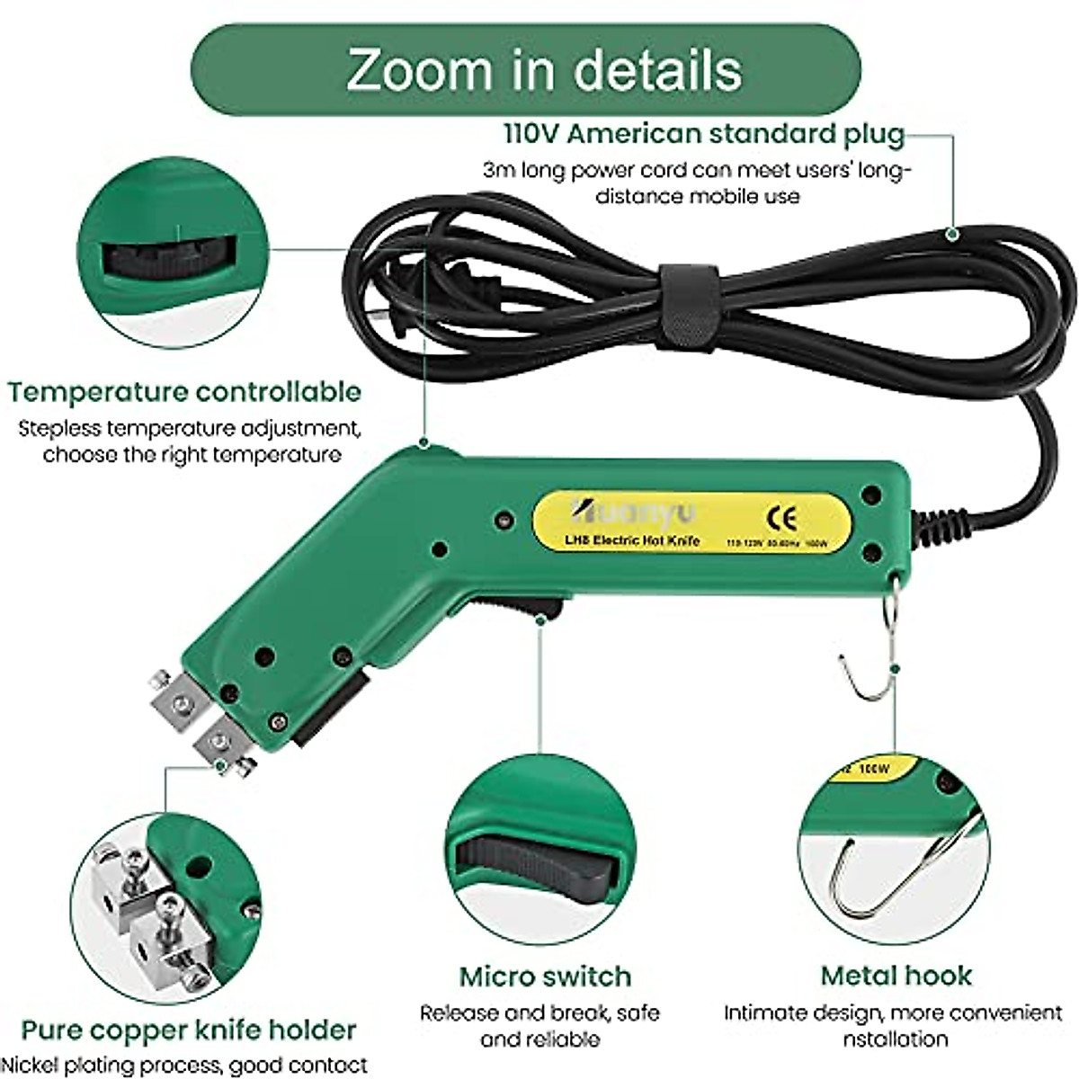 Huanyu Electric Hot Knife Rope Cutter Fabric Cutting Tool Kit 4 Blades Pro Fabric Cutter 600° C Heat Cutter 100W Heat Sealer for Sponge Cloth Board Webbing Continuous working