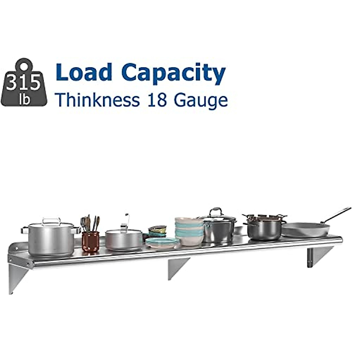 NSF Stainless Steel Wall Shelf, 315 lbs Load Heavy Duty Commercial Wall Mount Shelving, 12'' x 60'', Metal Kitchen Rack for Restaurant, Home, Kitchen, Hotel, Laundry Room, Bar