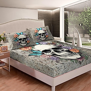 Feelyou Skull Fitted Sheet Full Size Flower Bedding Set for Boys Girls Teens Butterfly Bed Sheet Set Grey Bed Cover Room Decor