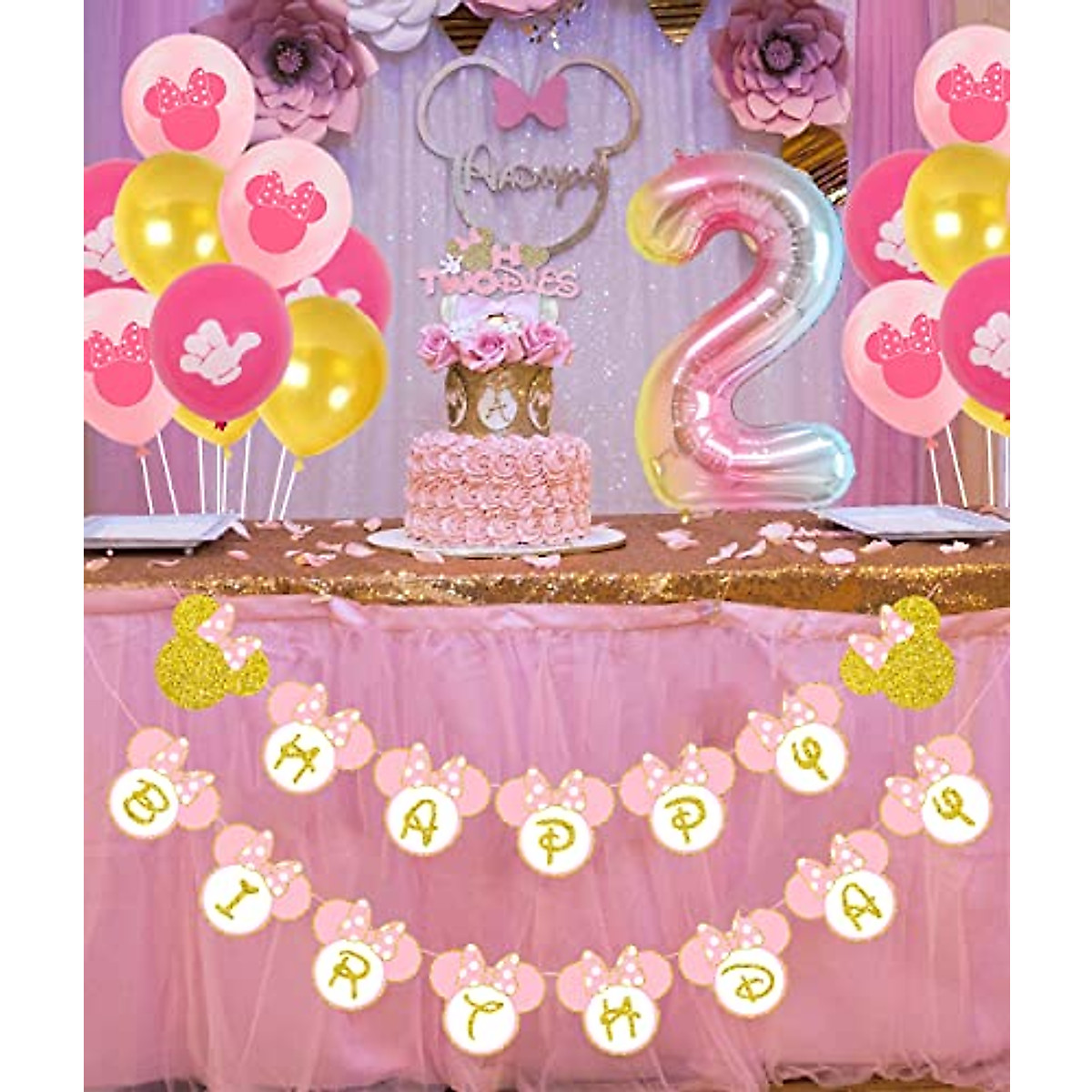 Cartoon Mouse 2nd Birthday Decorations for Girl Pink and Gold Oh Twodles Birthday Party Supplies with Cake Topper Number 2 Foil Balloon Happy Birthday Banner Garland for Cartoon Mouse Themed Party Decorations