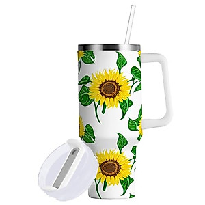 RPLIFE Bright Sunflowers Green Leaves 40 Oz Tumbler with Handle and Straw, Stainless Steel Water Bottle with Straw, Tumbler for Men
