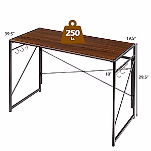 Tangkula Folding Computer Desk, Study Writing Desk with 6 Hooks, Modern Simple PC Laptop Desk with Sturdy Metal Construction, Space Saving Writing Table for Home Office (Brown)