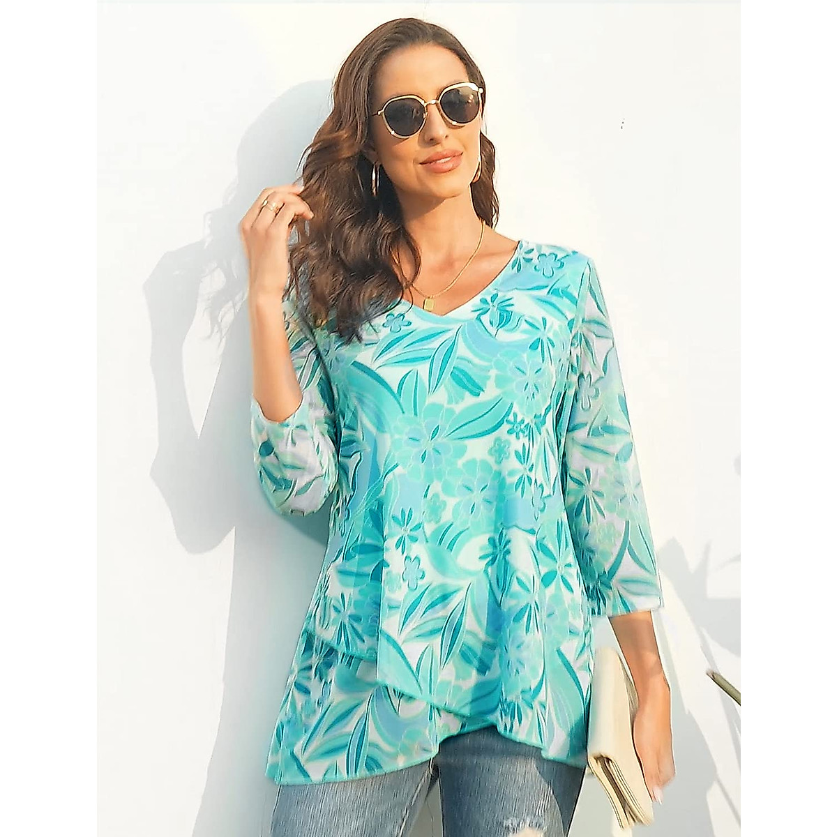 SeSe Code Womens Tunic Tops, 3/4 Sleeve Shirt Dressy Casual Blouse For Wedding Flattering Top To Hide Tummy Semi Formal Ladies Dress Shirts Elegant Purple Large