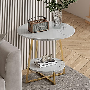 Lamhorm 2 Tier Small Round Side Table, Wooden End Table with Storage Shelf, Modern Coffee Table with Gold Metal Frames for Living Room, Bedroom and Any Small Spaces 22.8”