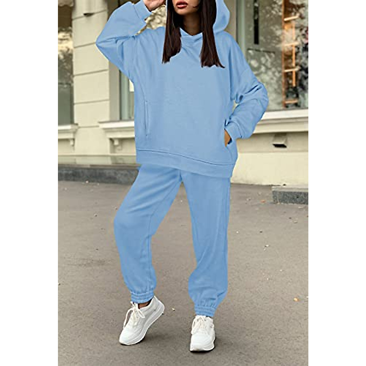Fixmatti Women Jogger Outfit Sweatsuit 2 Piece Long Sleeve Hooded and Pant Set Tracksuit Blue L