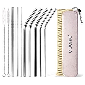 Reusable Straws with Case, Metal Straw Reusable Straws Drinking Straws Portable Eco Friendly Straight and Curved Stainless Steel Straws 8 Set with 2 Straw Cleaner