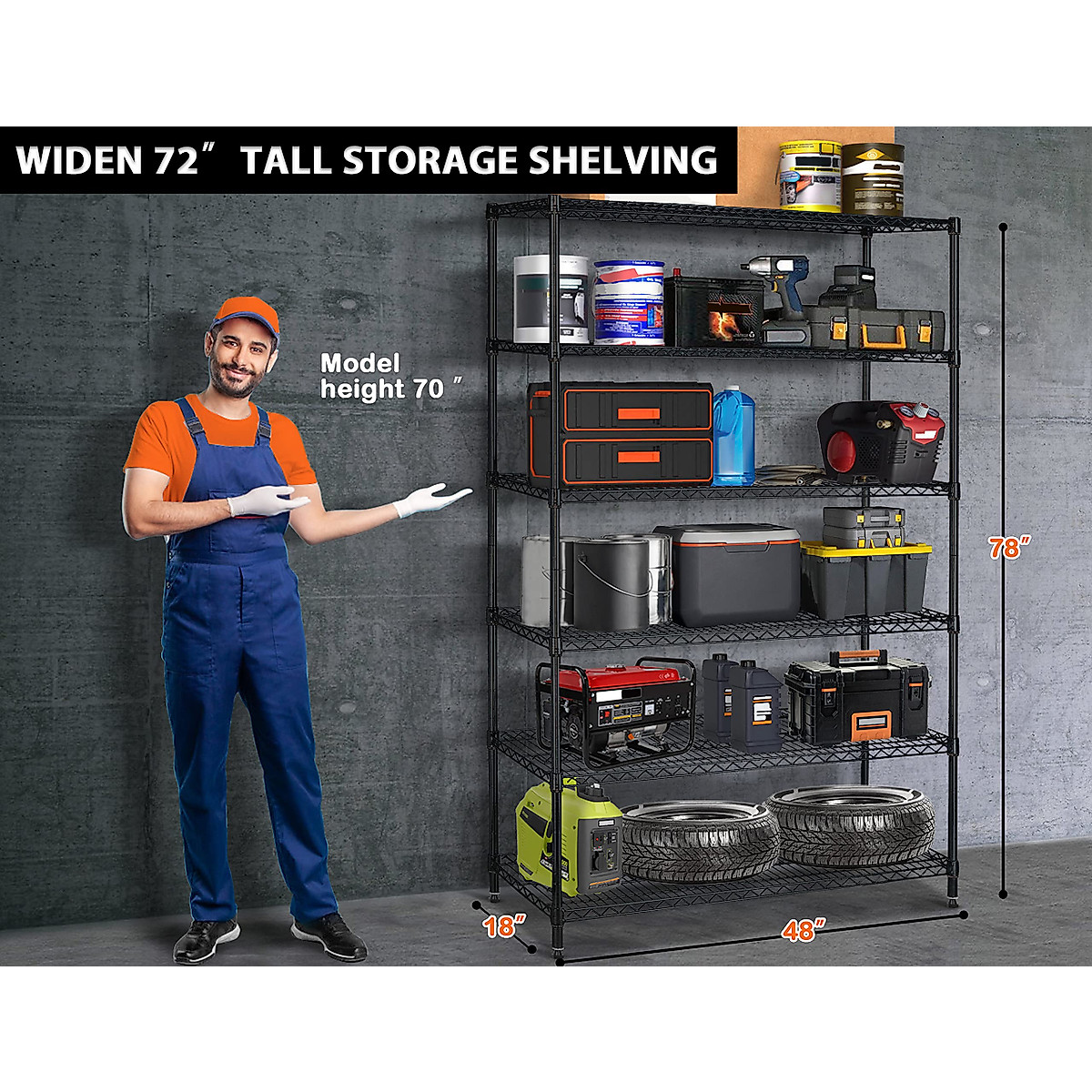 Garage Storage Shelves, 6000 Lbs Capacity NSF Certified Heavy Duty Garage Shelving with Wheels, 6 Tier Adjustable Metal Shelving for Garage Basement, Storage Rack Utility Shelf 48"Lx 18"Wx 78"H