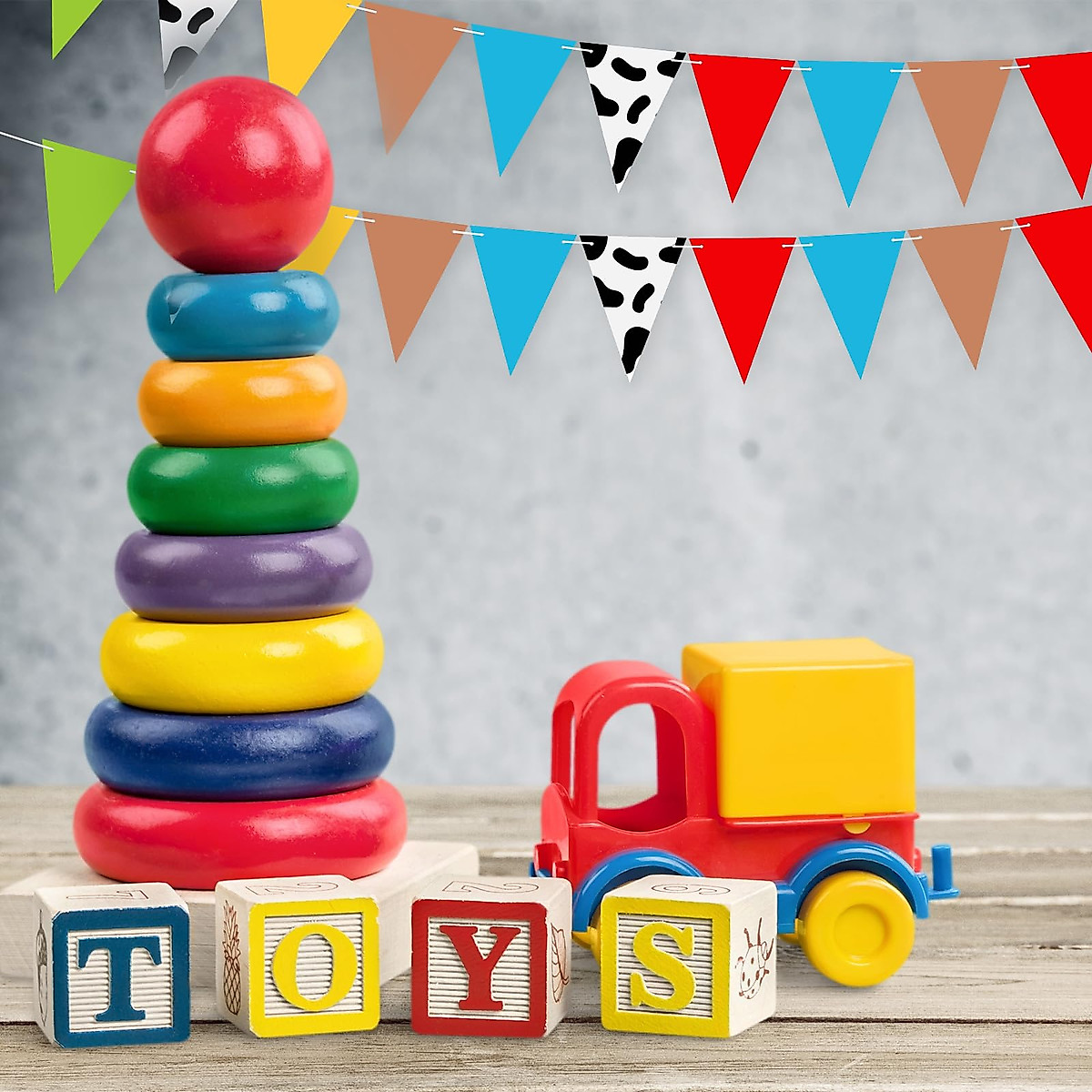 Smoothnovelty 45 ft Cartoon Story Party Decorations Red Blue Yellow Toy Themed Birthday Banner Flags Cloud and Cow Print Rainbow Triangle Pennant Flag Garland for Baby Shower Party Decor