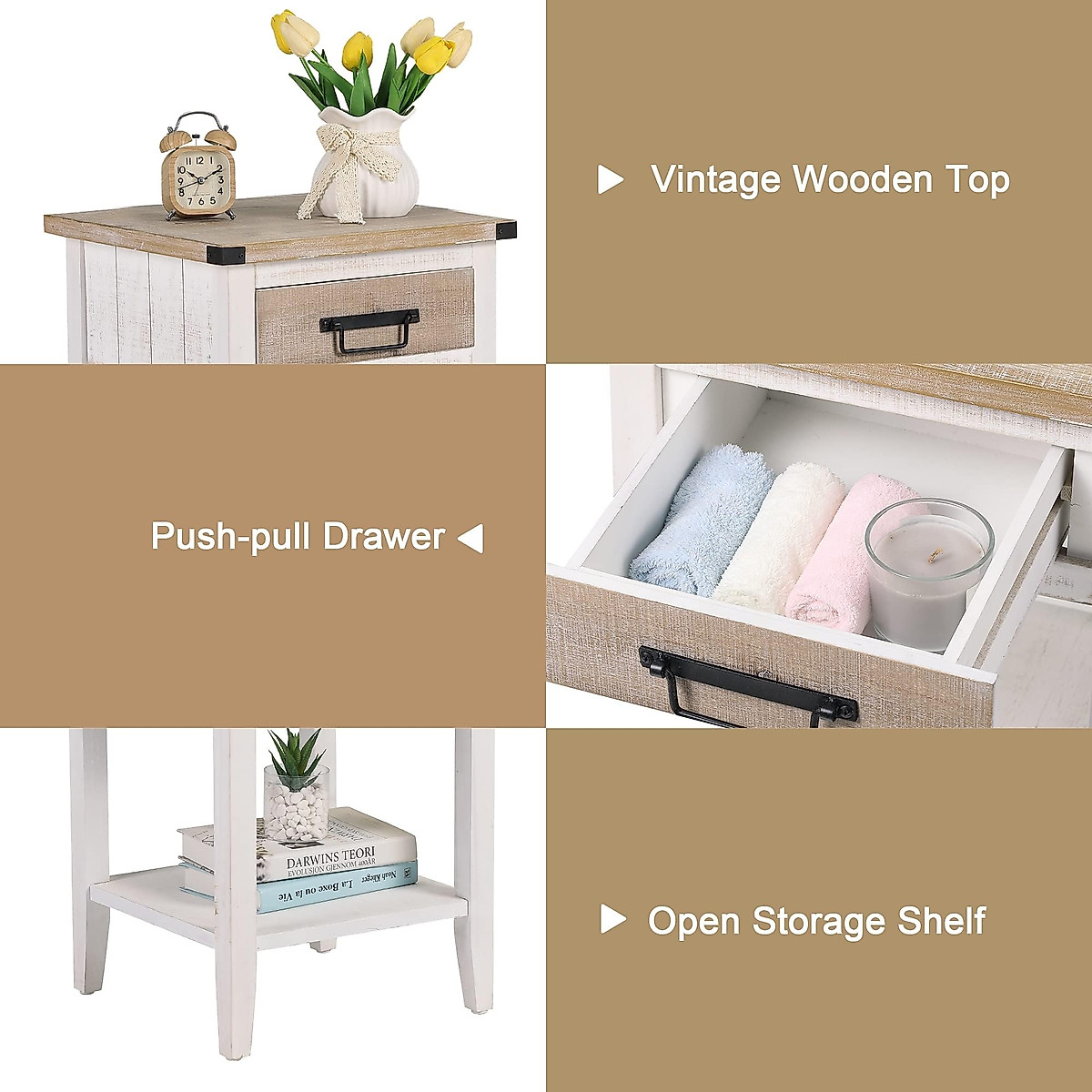 RUSTOWN Farmhouse Bedside Table Set of 2, Rustic Nightstand with Drawers and Open Shelf, Side Table End Tables for Bedroom/Living Room/Lounge (Vintage White)