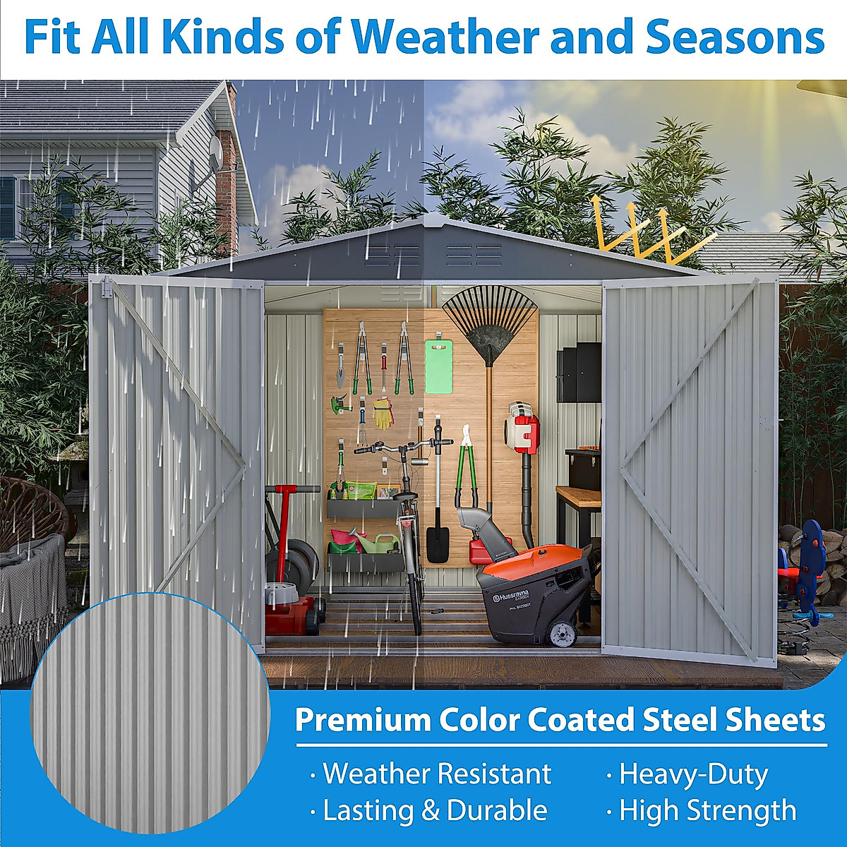 8 x 6 FT Outdoor Storage Shed, Metal Garden Shed with Floor Frame, Tool Shed Outdoor Storage with Lockable Hinged Doors & Air Vents, Storage House Waterproof for Backyard, Lawn, Gray
