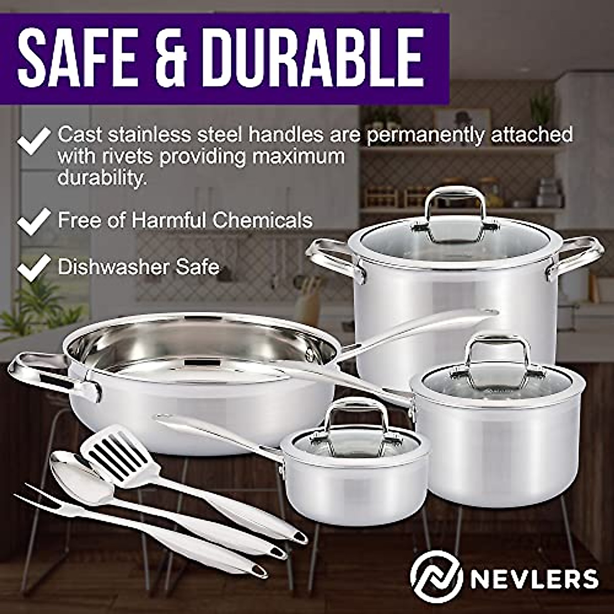 Nevlers 10 Piece Multi-Clad Tri-Ply 18/8 Stainless Steel Cookware Set - Pots and Pans Set - Makes for a Great Cooking Set for Your Kitchen - It is Dishwasher Safe Too!