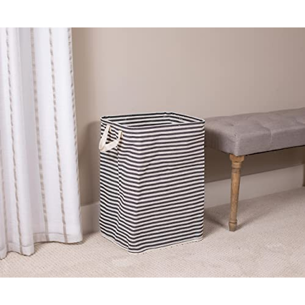 BIRDROCK HOME 61L Collapsible Single Square Laundry Hamper Basket - Grey & White Stripes Bin - Compact Dirty Clothes Organizer Bag - Lightweight Tote
