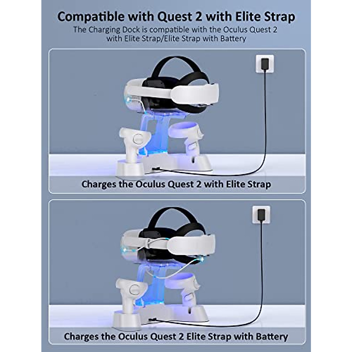 NexiGo Enhanced Charging Dock with LED Light [On/Off] for Oculus Quest 2, [Support Elite Strap with Battery], Headset Display Holder and Controller Mount, 2 Rechargeable Batteries, USB-C Charger