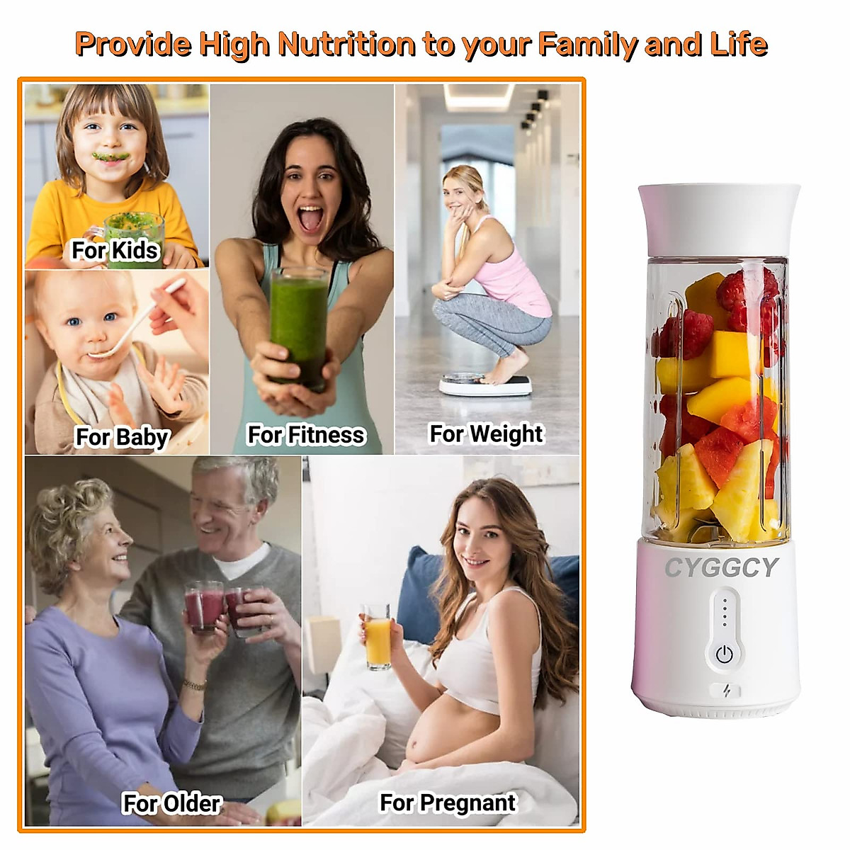 Portable Blender, Personal Blender for Shakes & Smoothies,Mini blender 17.6Oz,Juicer Cup with 6 Blades and 4000mAh USB Rechargeable,Kitchen,Home,Travel, BPA-Free(white)