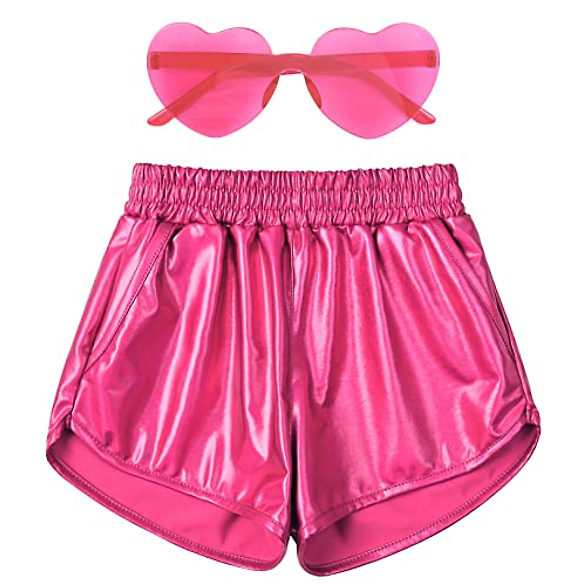 Metallic Shorts for Big Girls Red Light Dance Shorts Shiny Hot Pants 12 13 with Sunglasses
