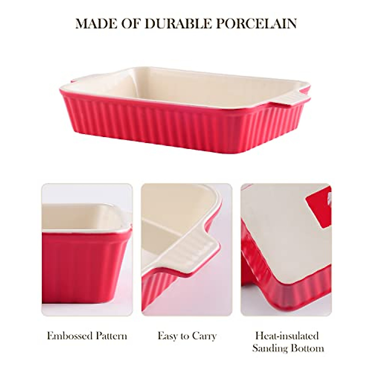 MALACASA Casserole Dishes for Oven, Porcelain Baking Dishes, Ceramic Bakeware Sets of 4, Rectangular Lasagna Pans Deep with Handles for Baking Cake Kitchen, Red (9.4"/11.1"/12.2"/14.7"), Series BAKE.BAKE