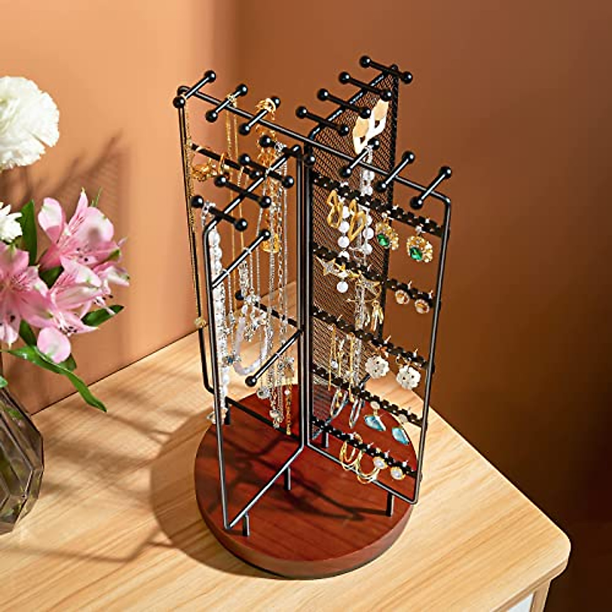 ProCase Jewelry Holder Organizer Earring Stand with 28 Necklace Hooks, 360 Rotating Necklace Holder Earrings Storage Rack Jewelry Tower Bracelet Holder, Holds More than 100 Pairs Earrings -Black