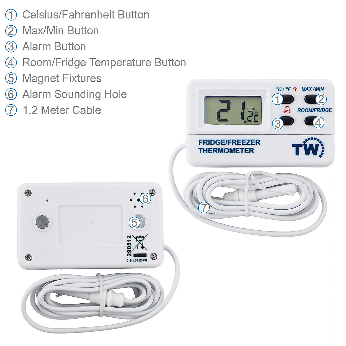 Digital Refrigerator Thermometer - Fridge and Freezer Alarm Alert When Temperatures Drop - Ideal RV Fridge Freezer Thermometer with Alarm and Max Min