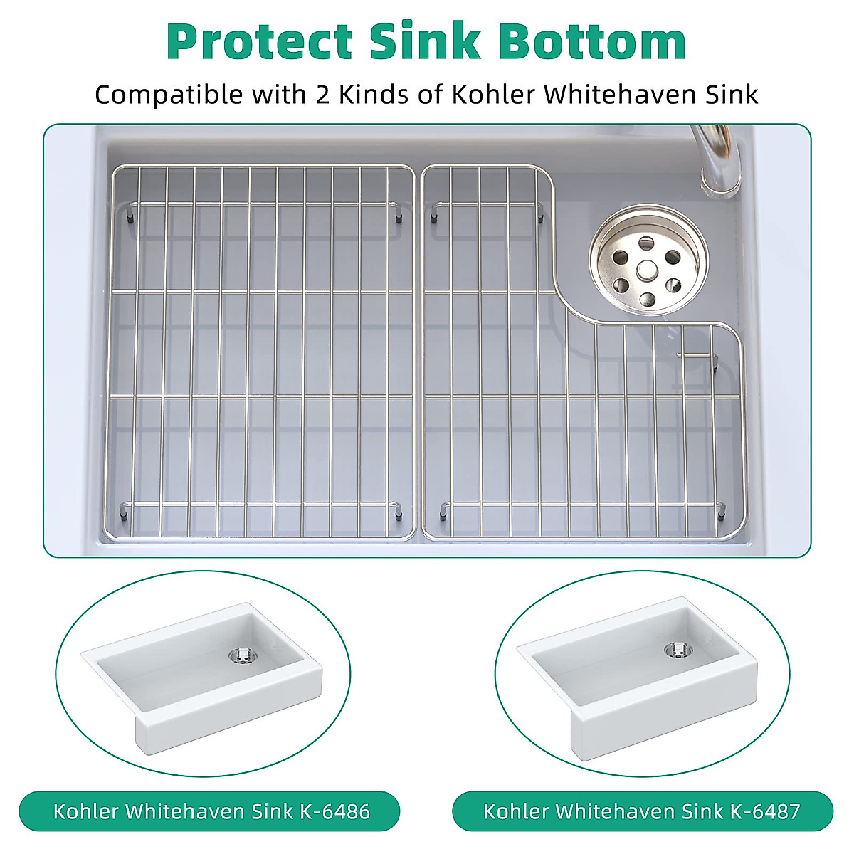 Dreyoo Sink Racks Compatible with Kohler Whitehaven K-6486 and K-6487 Sink, 304 Stainless Steel Sink Protectors for Kitchen Sink with 9 Additional Rubber Feet, 14.68 x 23 x 1.61 in (Classic Style)