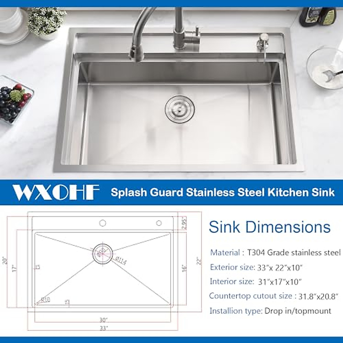 33 inch Drop in Kitchen Sink Splash Guard Workstation - Top Mount Sink 16 Gauge Stainless Steel Large Sink Single Bowl with Cutting Board and Accessories
